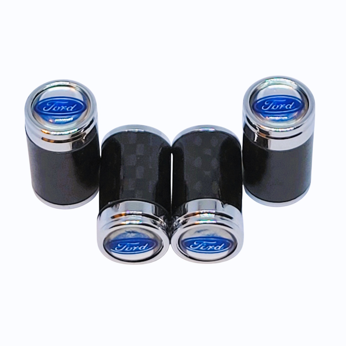 Ford Tire Valve Caps Blue Logo Silver Background - Exotic Carbon Fiber